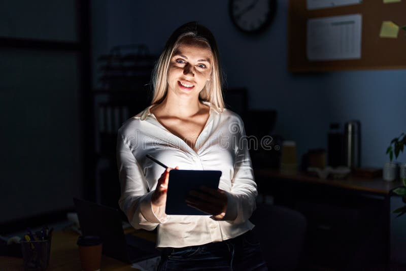 Young Woman Business Worker Using Touchpad Working at Office Stock ...