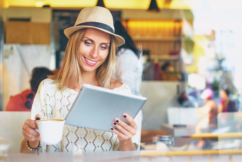 Young woman in cafe stock photo. Image of female, smiling - 91398446