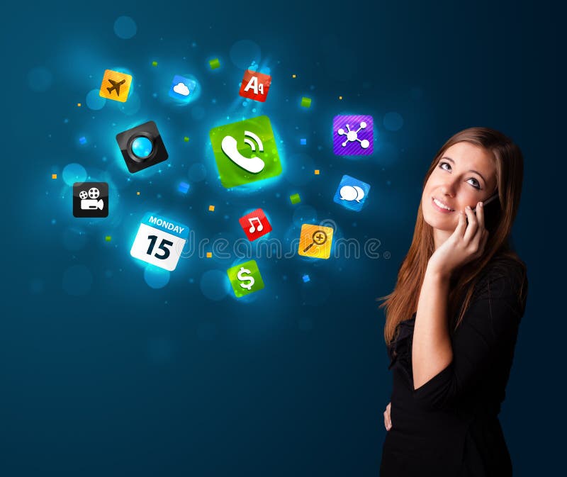 Young Woman Calling by Phone with Various Icons Stock Image - Image of ...
