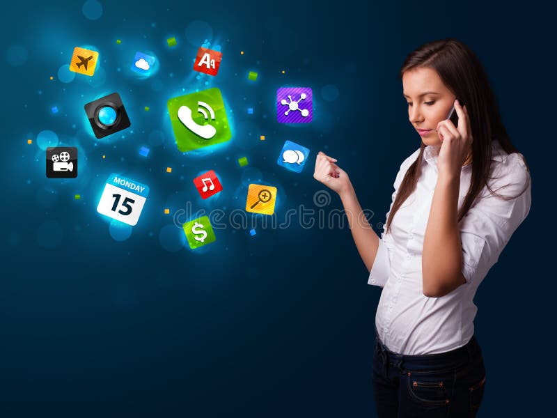 Young Woman Calling by Phone with Various Icons Stock Photo - Image of ...