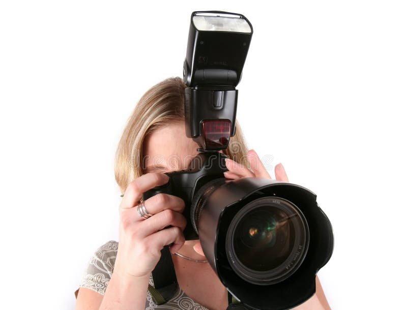 Woman with a big zoom stock photo. Image of girl, equipment - 14507944