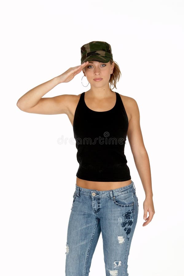 Young Woman in Camouflage Hat Saluting Stock Photo - Image of tank ...