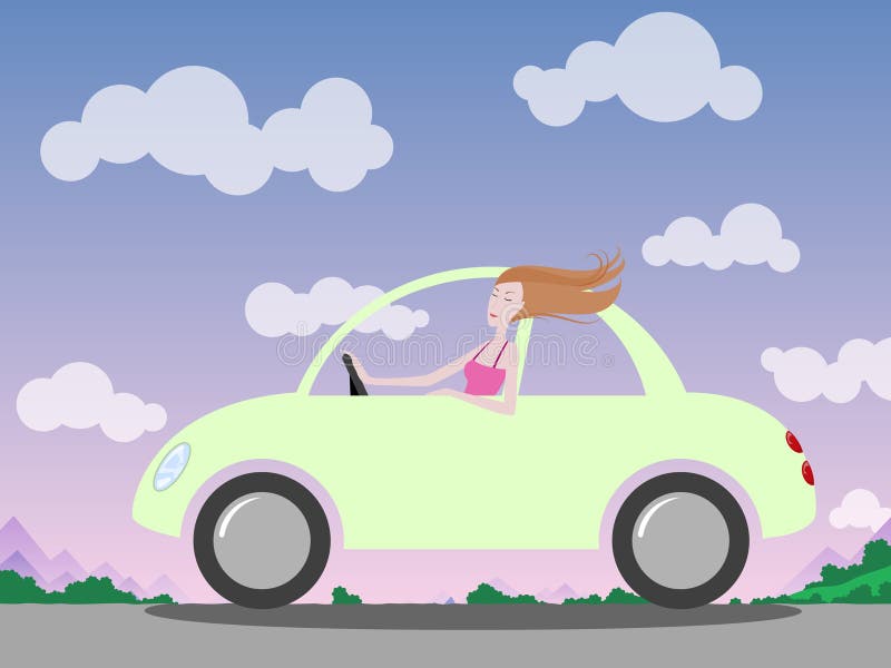 Riding on the Machine. Happy Blond Woman Rides in the Car Stock ...