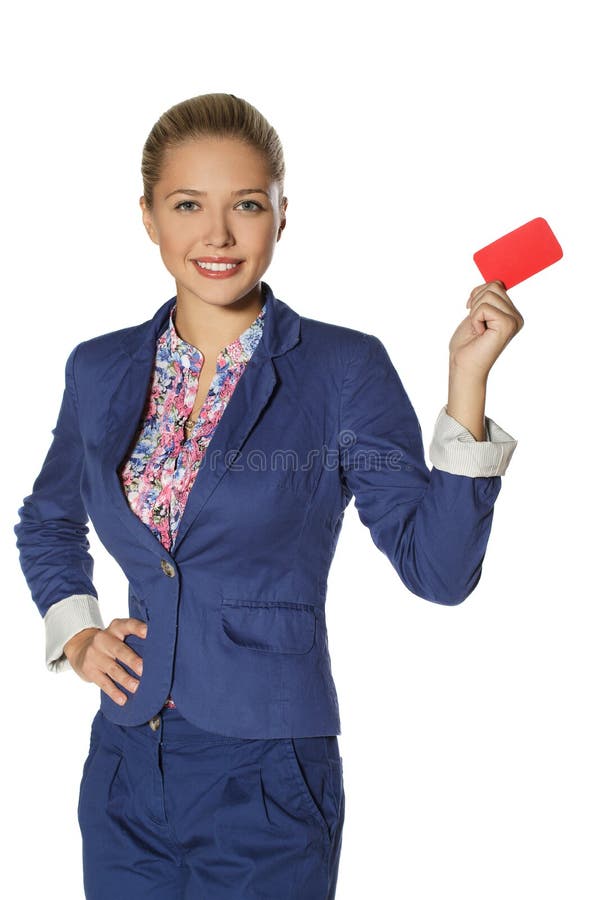 Young Woman with a Card in the Suit Stock Photo - Image of credit, blue ...