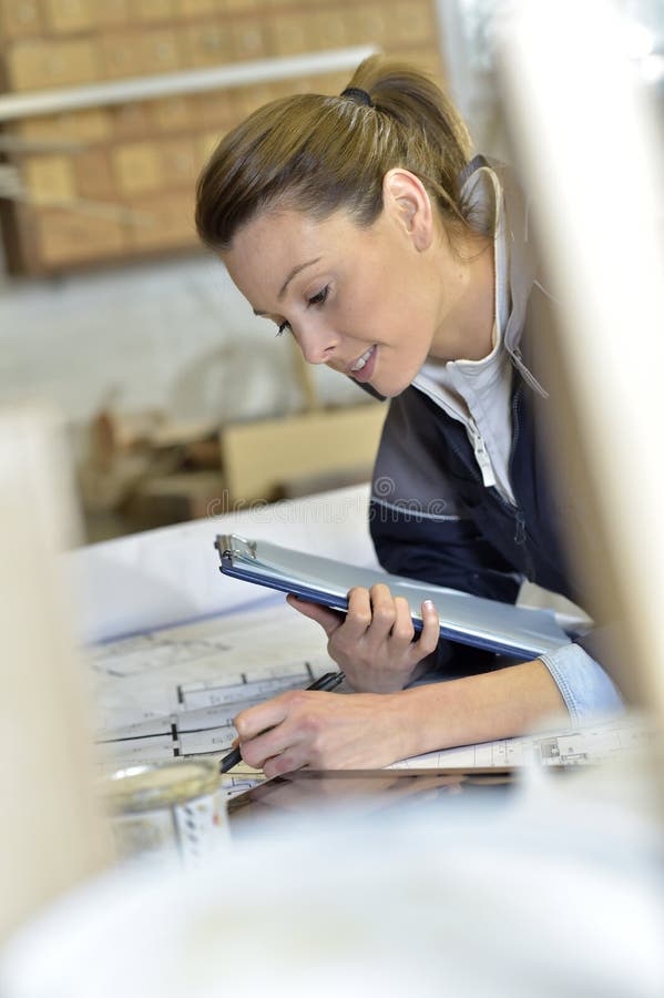 Young Woman Carpenter Designing Stock Image - Image of training ...