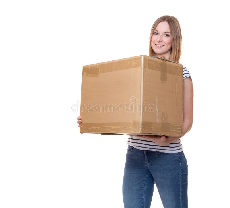 Young Woman Carrying Moving Box Stock Image - Image of woman, moving ...