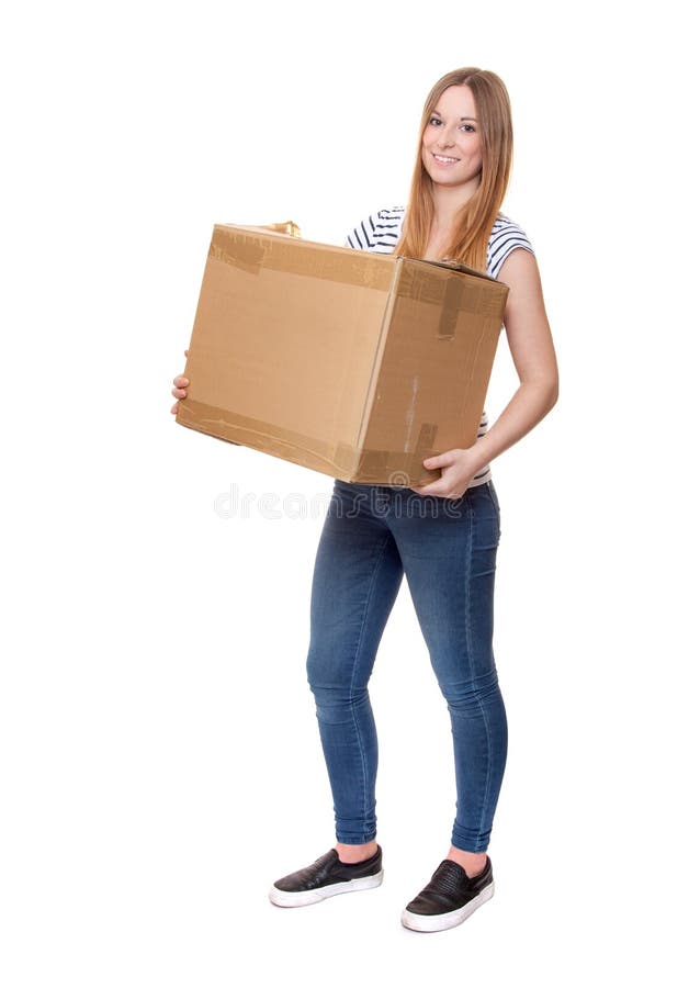 Young Woman Carrying Moving Box Stock Image - Image of moving, casual ...