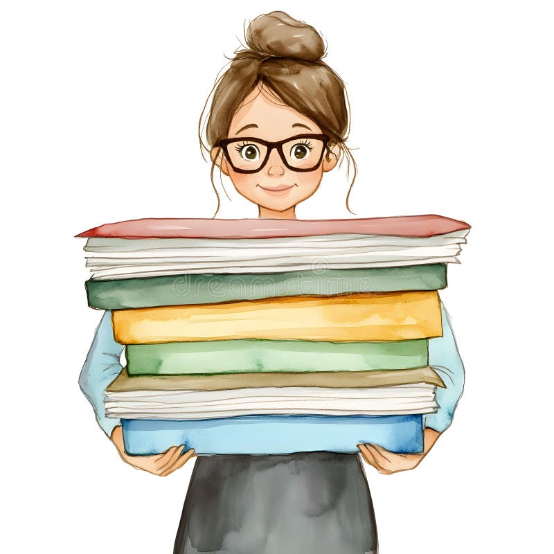 Young Woman Carrying a Tall Stack of Colorful Books in a Cheerful and ...