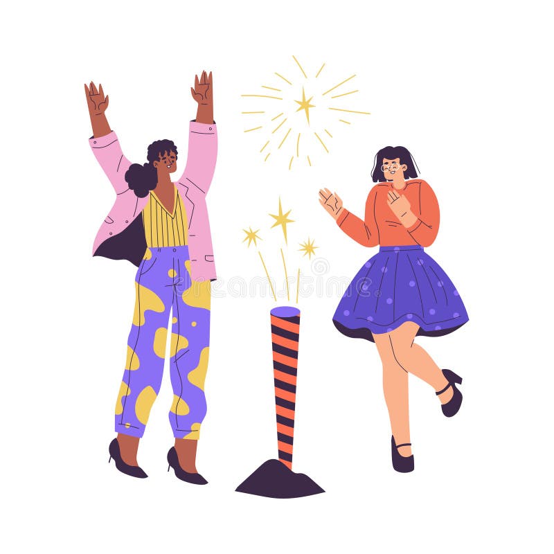 Young Woman Character Setting Off Firework Vector Illustration Stock ...