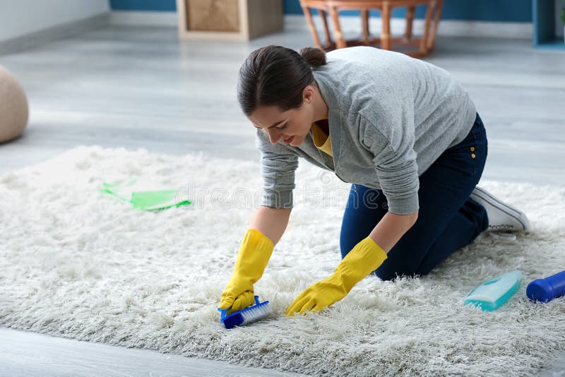 Young Woman Cleaning Carpet at Home Stock Image - Image of brush, floor ...