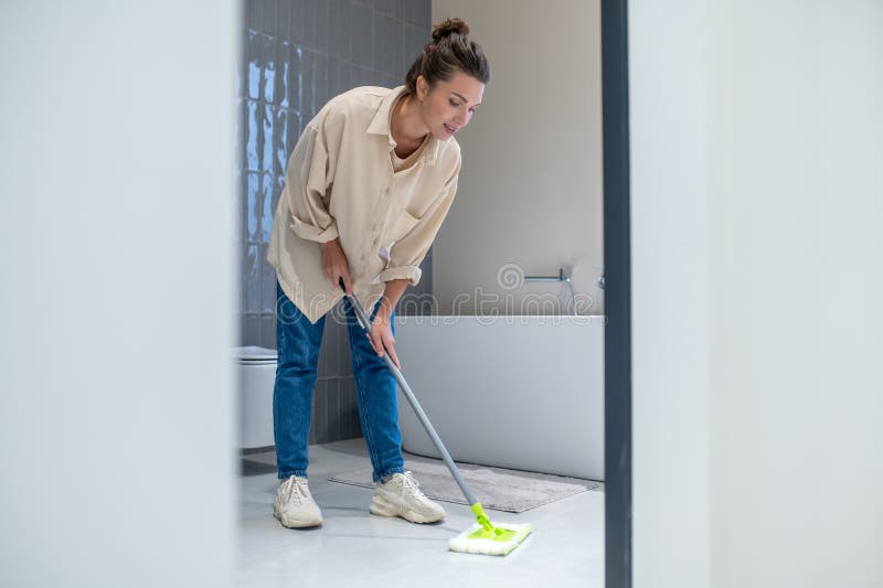 Young Woman Cleaning the Floor at Home Stock Image - Image of bathroom ...
