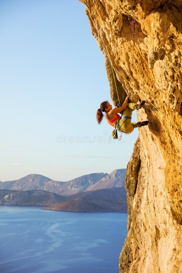 Young Woman Climbing Challenging Route Stock Image - Image of height ...
