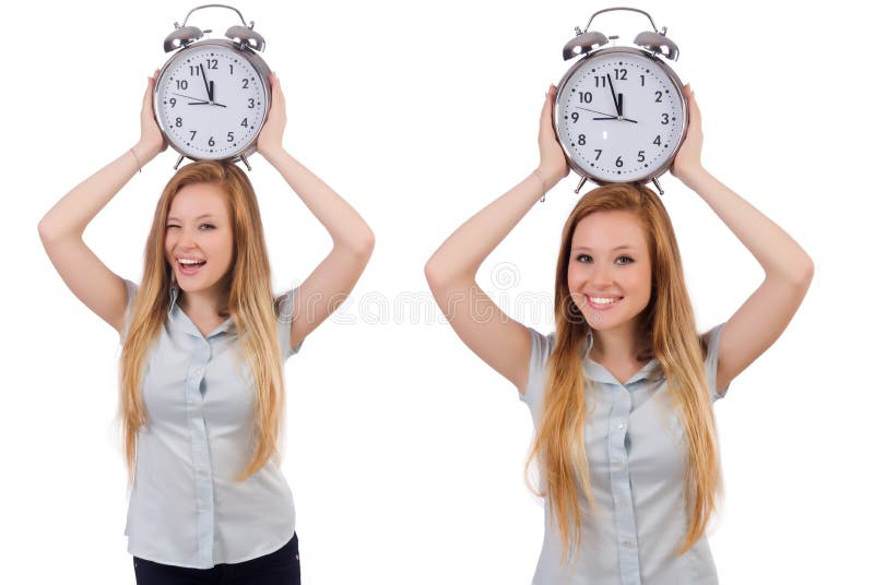 The Young Woman with Clock on White Stock Photo - Image of business ...