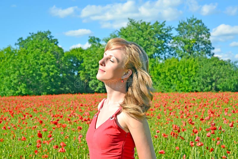 Young Woman with Closed Eyes in Poppy Field Stock Image - Image of ...