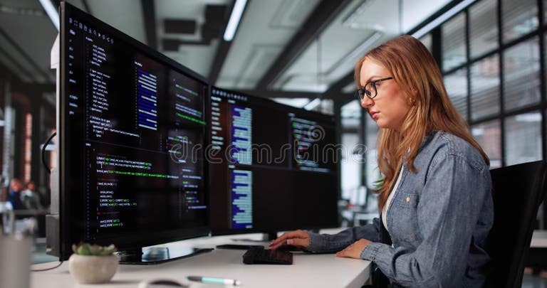 Young Woman Coding on Office Computer Stock Image - Image of sitting ...