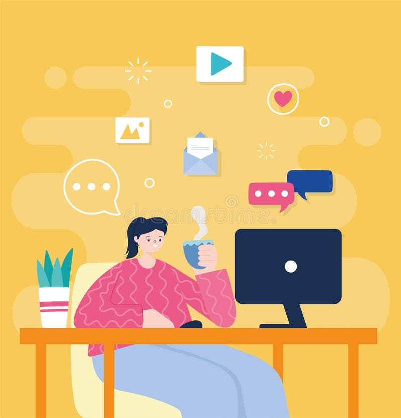 Young Woman with Coffee Cup Using Computer Networking and Social Media ...