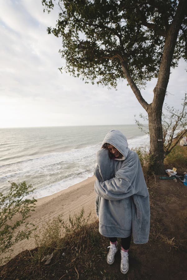 Young Woman on Cold Autumn Seashore Posing at Camera Stock Photo ...