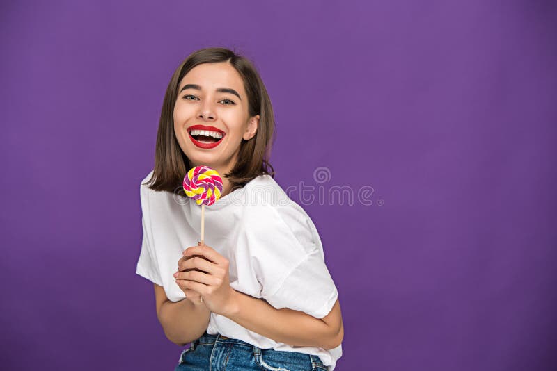 The Young Woman with Colorful Lollipop Stock Image - Image of people ...