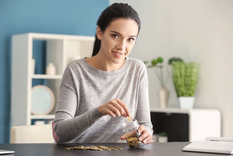Young Woman Counting Money at Table Stock Photo - Image of cost, credit ...