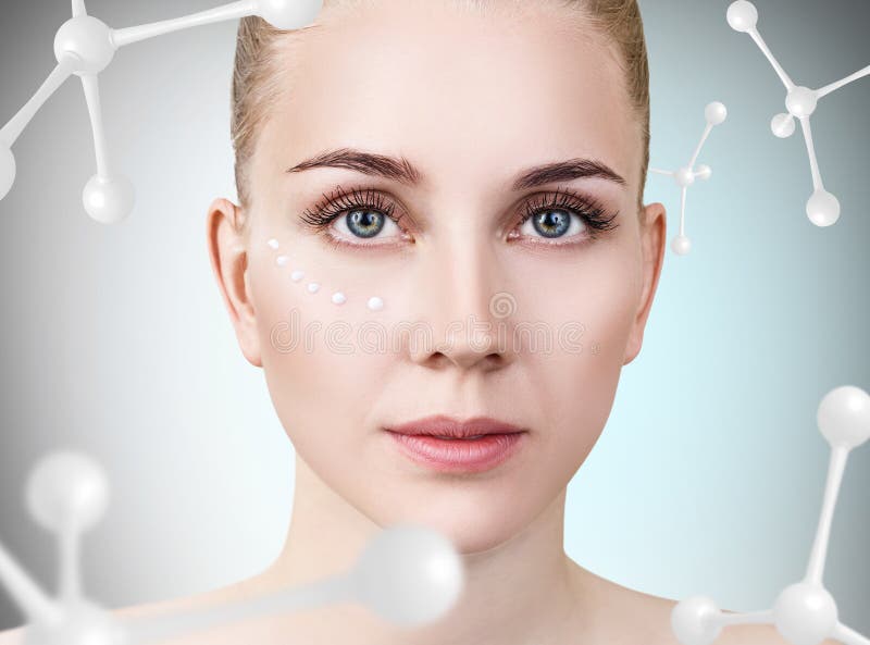 Young Woman with Cream Dots among White Molecules. Stock Image - Image ...
