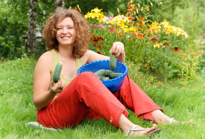 Young Woman with Crop of Cucumbers Stock Photo - Image of cheerful ...