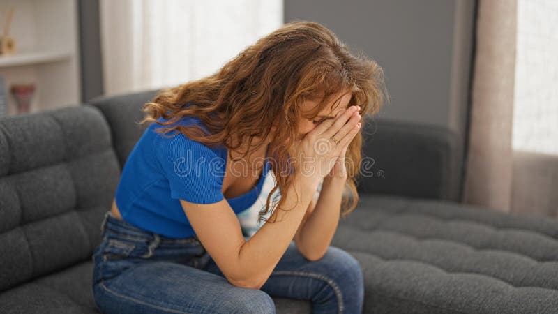 Young Woman Crying Sitting on the Sofa at Home Stock Image - Image of ...