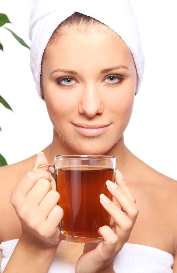 Young Woman with Cup of Hot Tea Stock Photo - Image of looking, cute ...