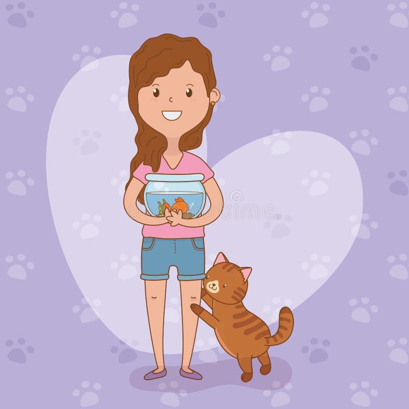 Young Woman with Cute Cat and Fish Stock Vector - Illustration of ...