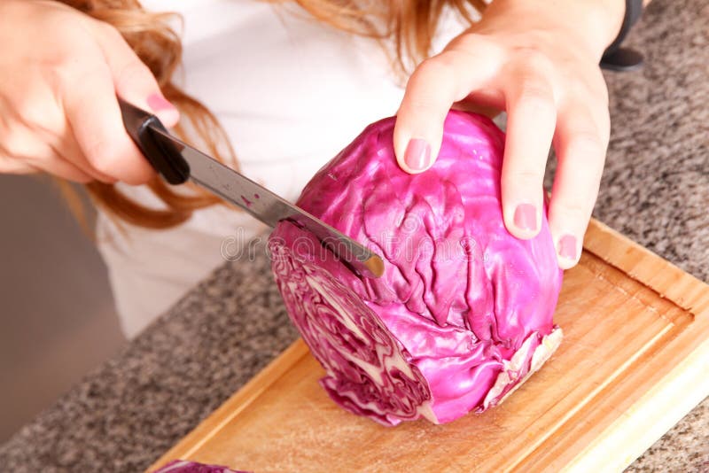 Young Woman Cutting Red Cabbage Stock Photo - Image of lunch, nutrition ...