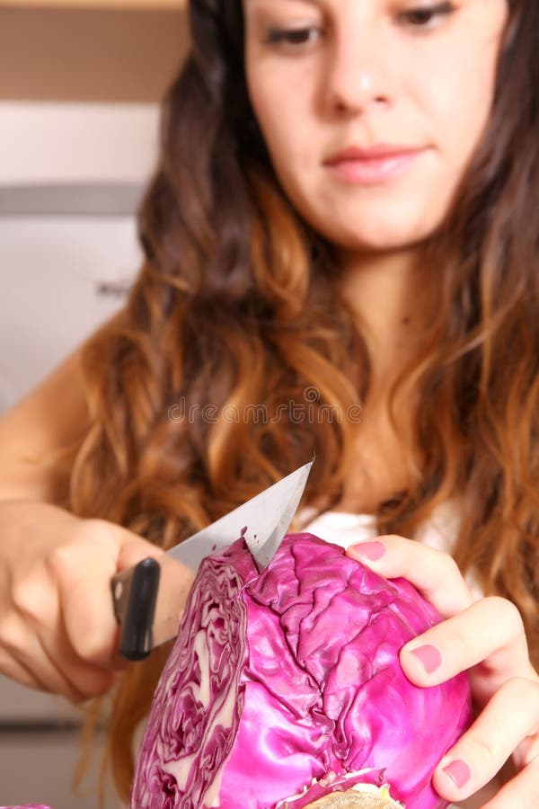 Young Woman Cutting Red Cabbage Stock Image - Image of chop, adult ...