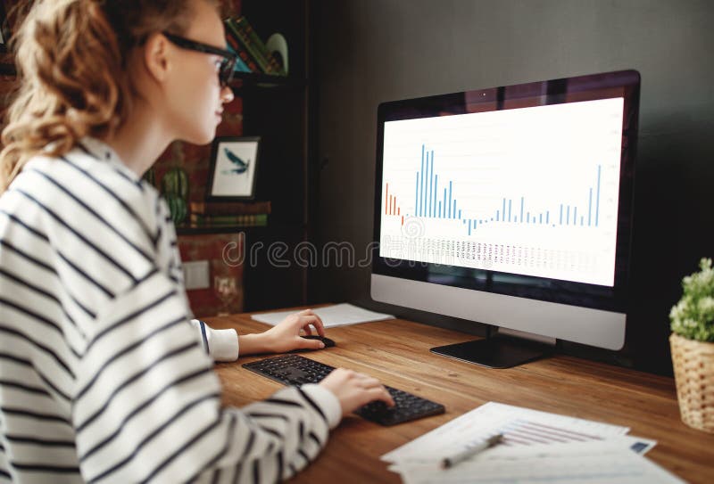Young Woman about Data Analysis during Work at Computer Stock Image ...