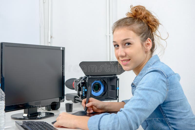 Young Woman Designer Using Graphics Tablet for Video Editing Stock ...