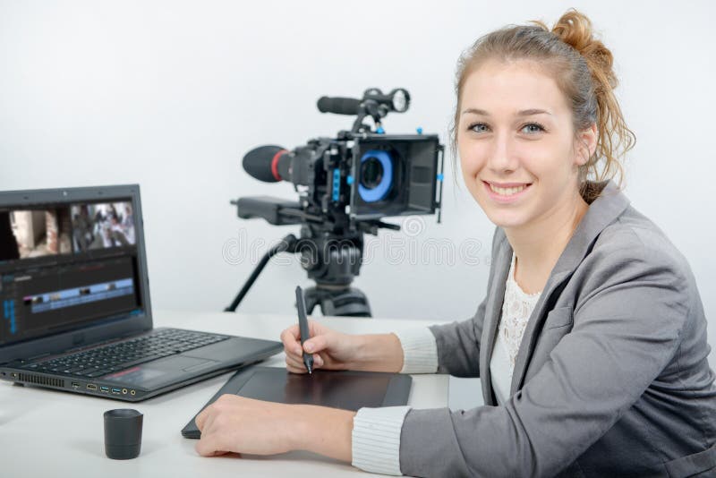 Young Woman Designer Using Graphics Tablet for Video Editing Stock ...