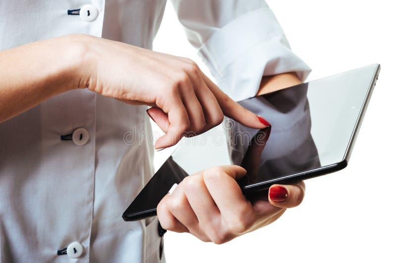 Young Woman Doctor in Scrubs Using a Touchscreen Stock Image - Image of ...