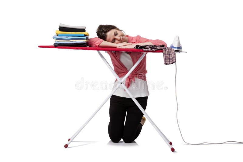 The Young Woman Doing Ironing Isolated on White Stock Photo - Image of ...