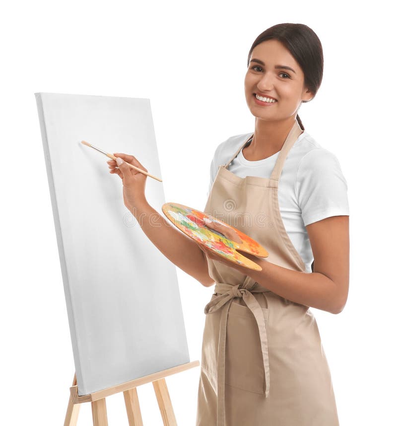 Young Woman Drawing on Easel Against White Background Stock Photo ...