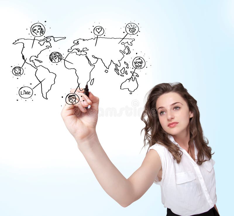 Young Woman Drawing a Social Map on Whiteboard Stock Image - Image of ...