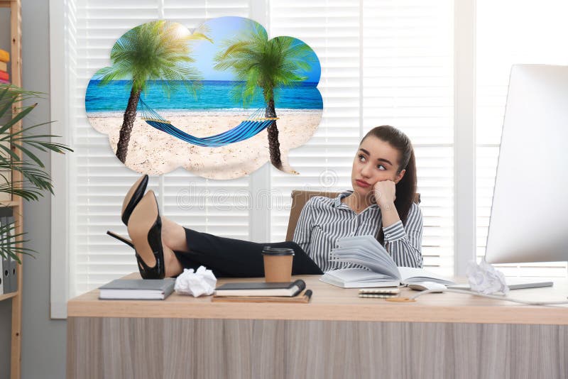 Young Woman Dreaming about Vacation at Table Stock Photo - Image of ...