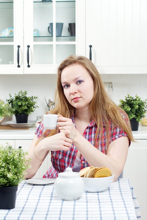 Young Woman Drink Tea in Kitchen Stock Photo - Image of smiling, girl ...