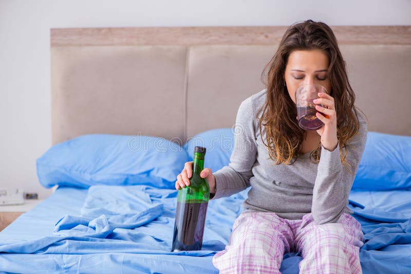 The Young Woman Drinking Alcohol Depressed at Home Stock Image - Image ...