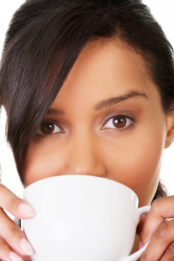 Young Woman Drinking Something from Big Mug Stock Image - Image of ...