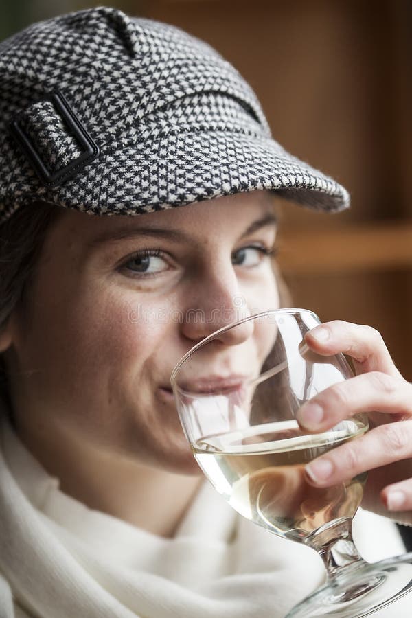 Young Woman Drinking White Wine Stock Image - Image of cheerful, head ...