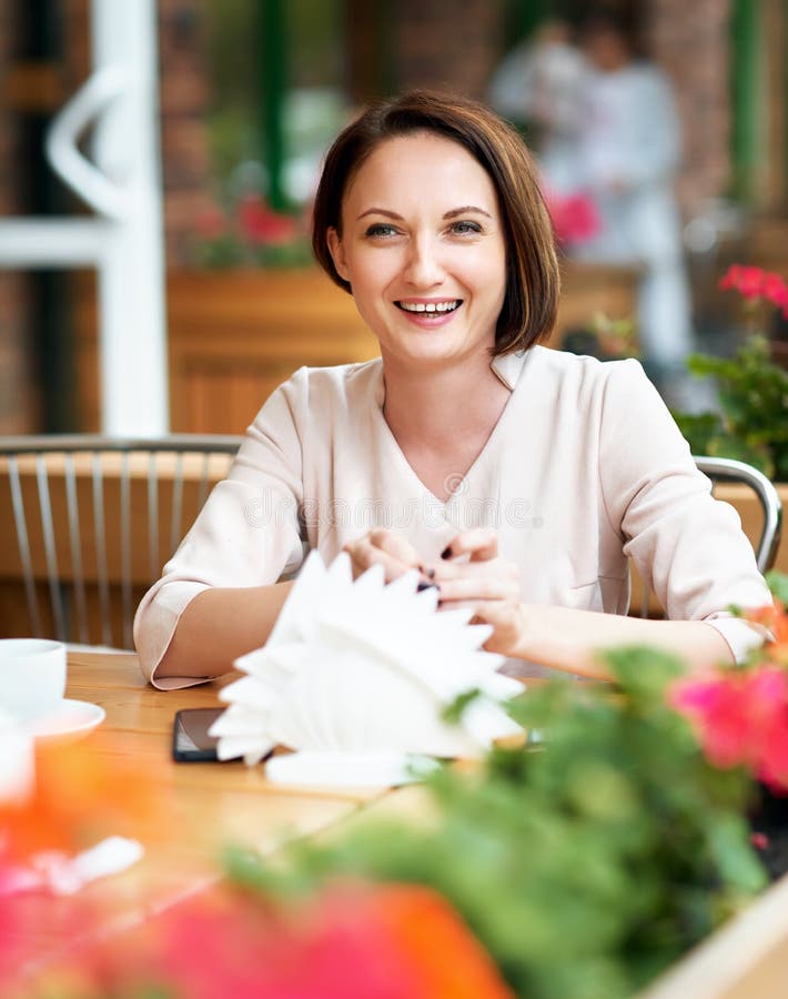 Young Woman Drinks Coffee in Cafeteria Stock Photo - Image of caffee ...