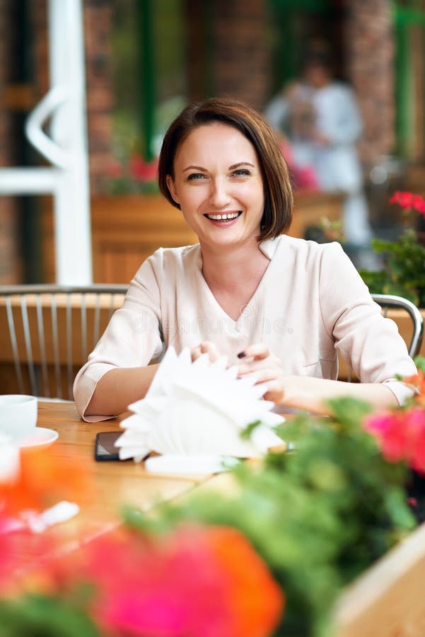 Young Woman Drinks Coffee in Cafeteria Stock Photo - Image of people ...