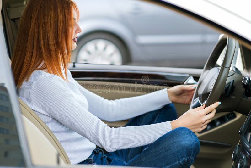 Young Woman Driver Meditating Behind a Wheel of a Car Stock Image ...