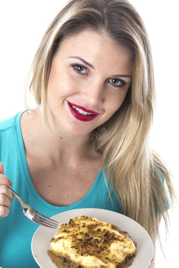 Young Woman Eating a Cottage Pie Stock Image - Image of relaxed ...