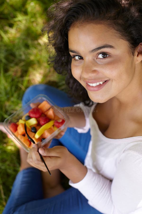 Young Woman Eating Healthy Fresh Fruit Outdoors Stock Photo - Image of ...