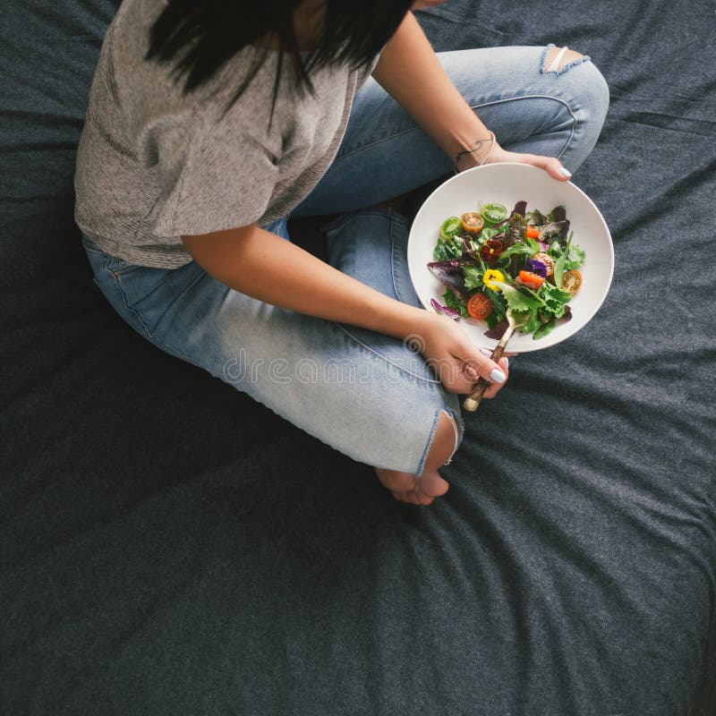 Young Woman Eating Salad on Bed Home Stock Image - Image of enjoying ... Young Woman Eating Salad on Bed Home Stock Image - Image of enjoying ...