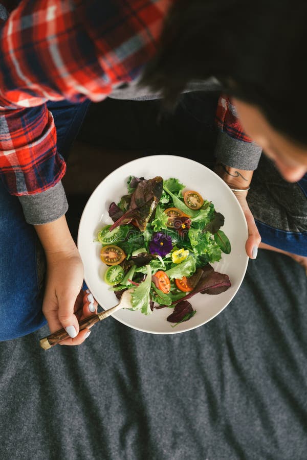 Young Woman Eating Salad Sitting Bed Top View Stock Image - Image of ... Young Woman Eating Salad Sitting Bed Top View Stock Image - Image of ...