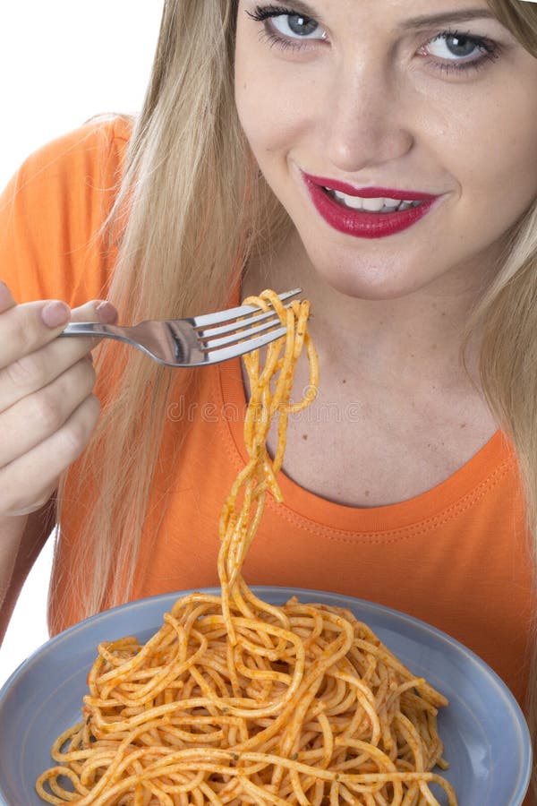 Young Woman Eating Spaghetti Pasta Stock Photo - Image of meal, slim ...